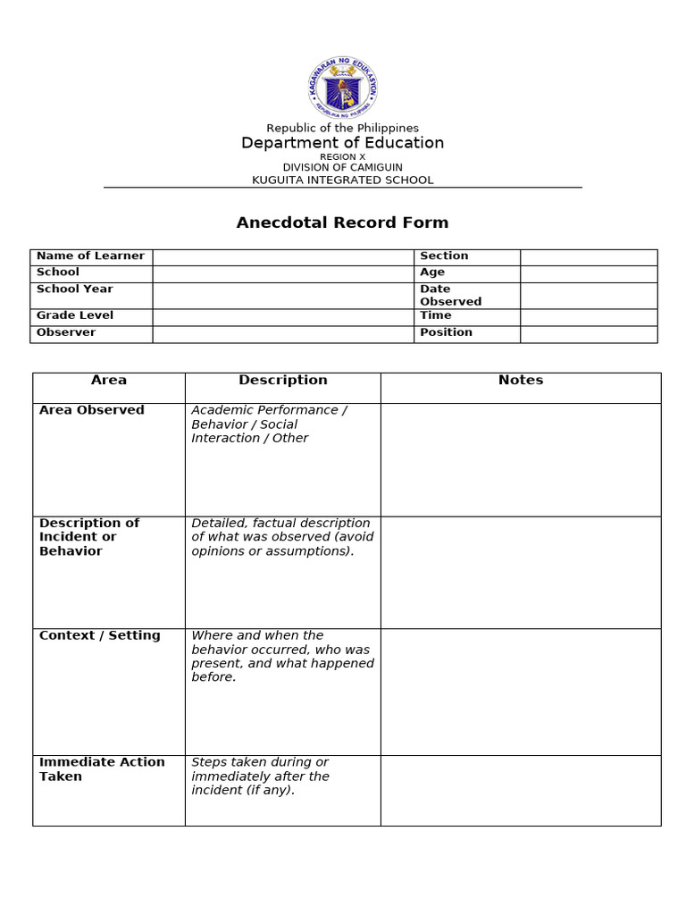 Anecdotal Record Form for Learners | PDF