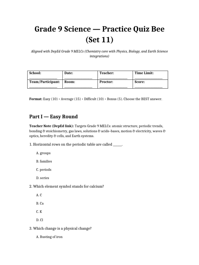 Grade 9 Science Quiz: Chemistry & Physics | PDF | Water | Ion