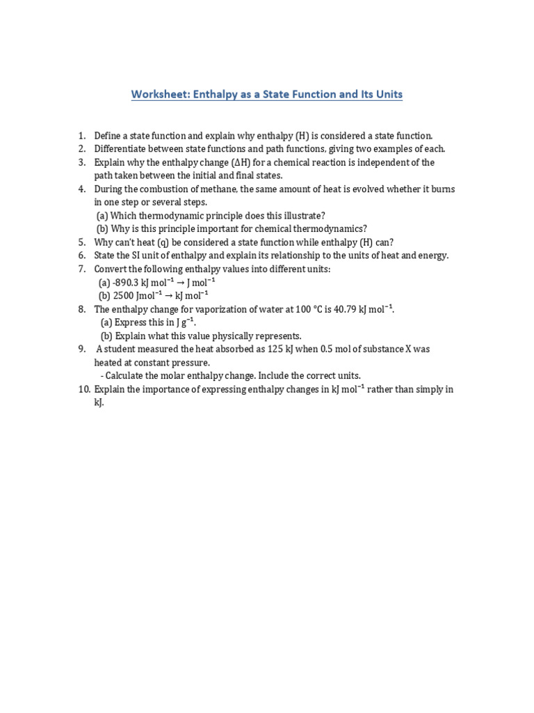 Worksheet Enthalpy State Function and Units | PDF