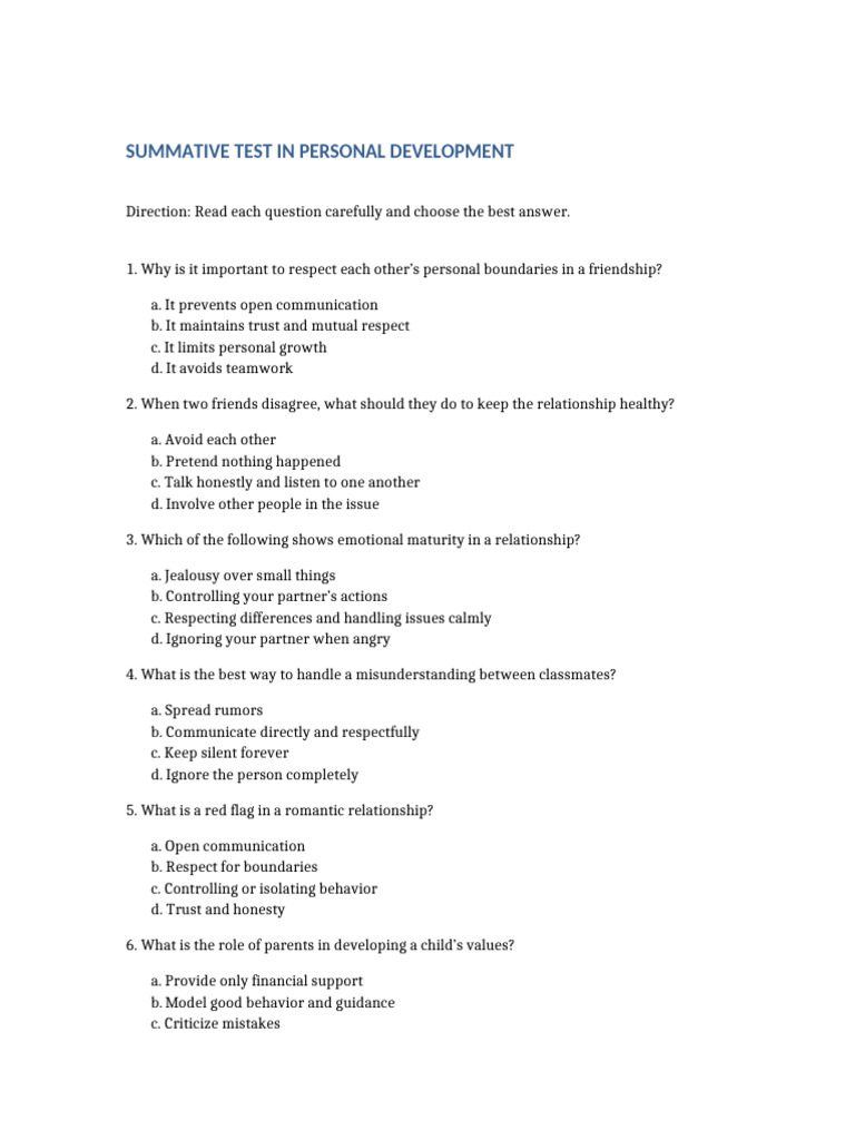 Personal Development Summative Test | PDF | Decision Making | Friendship