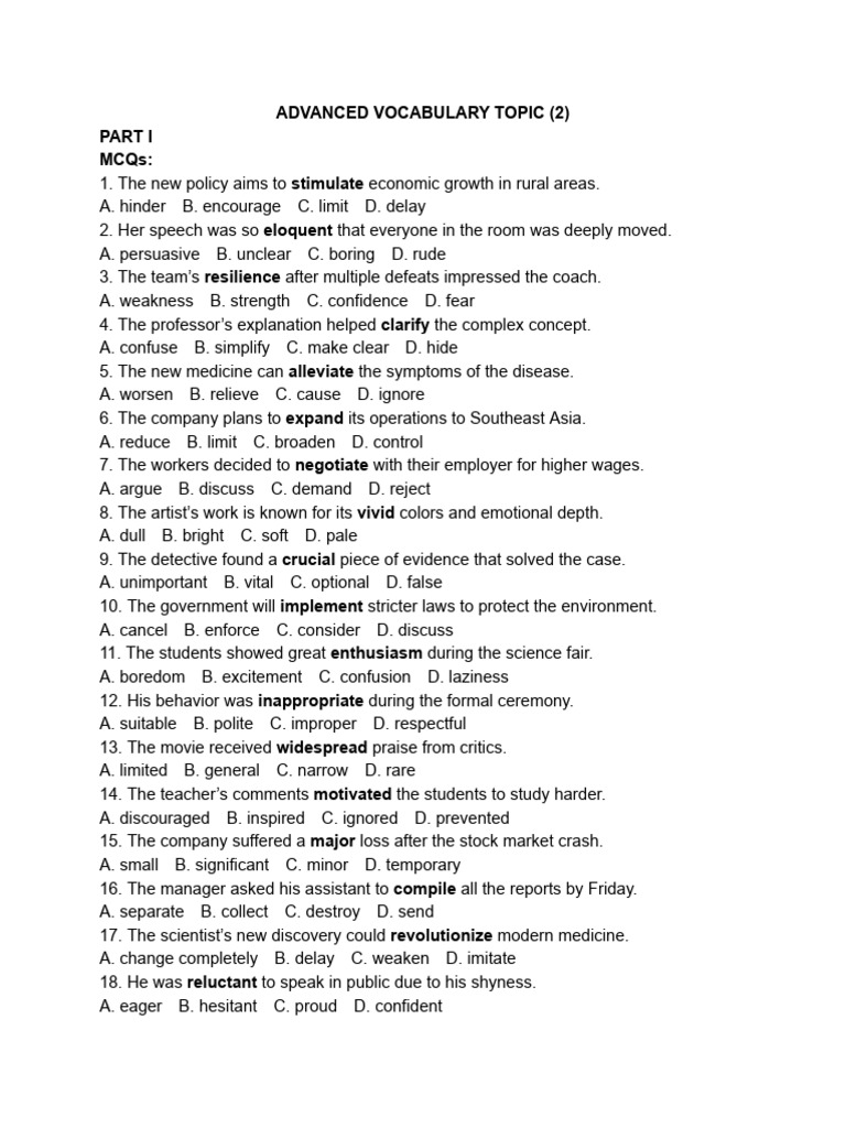 Advanced Vocabulary MCQs for Mastery | PDF