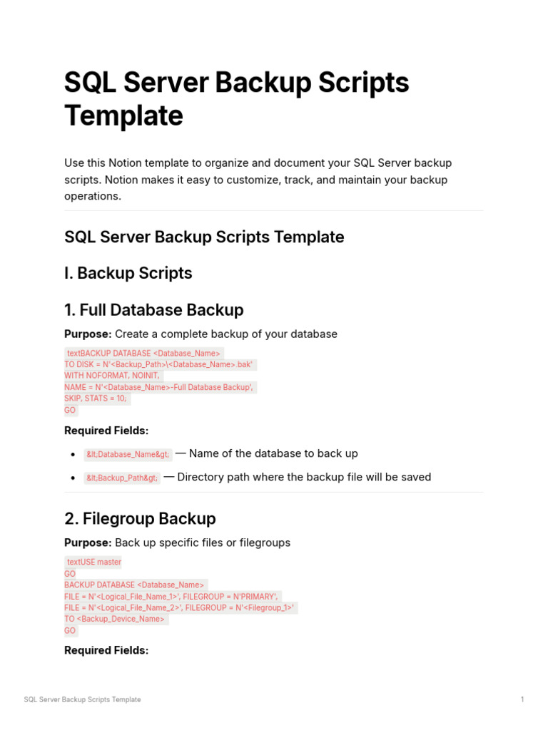 SQL Server Backup Scripts Template | PDF | Backup | Databases