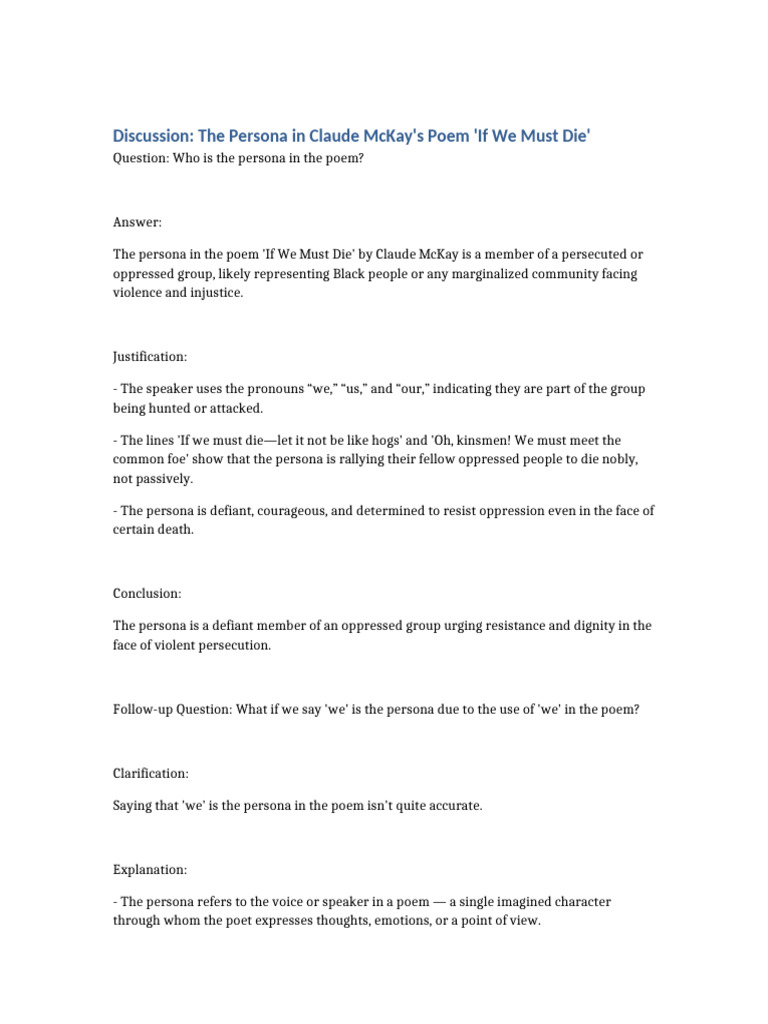 Discussion Persona Claude McKay Poem | PDF
