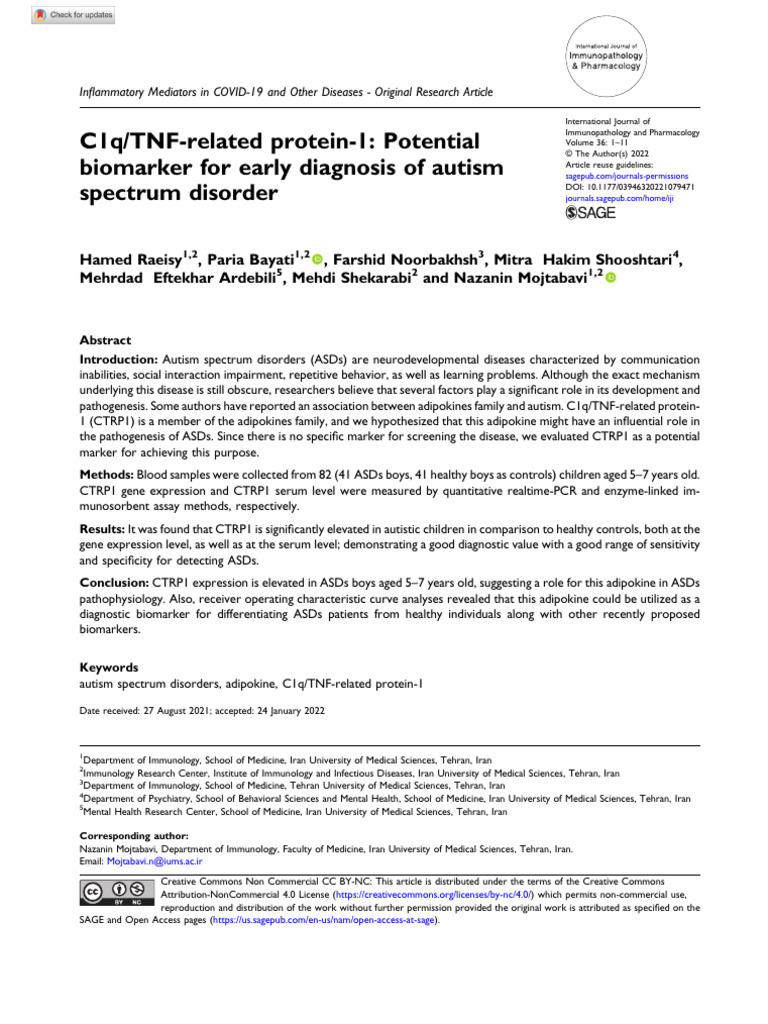 Raeisy Et Al 2022 c1q TNF Related Protein 1 Potential Biomarker For ...