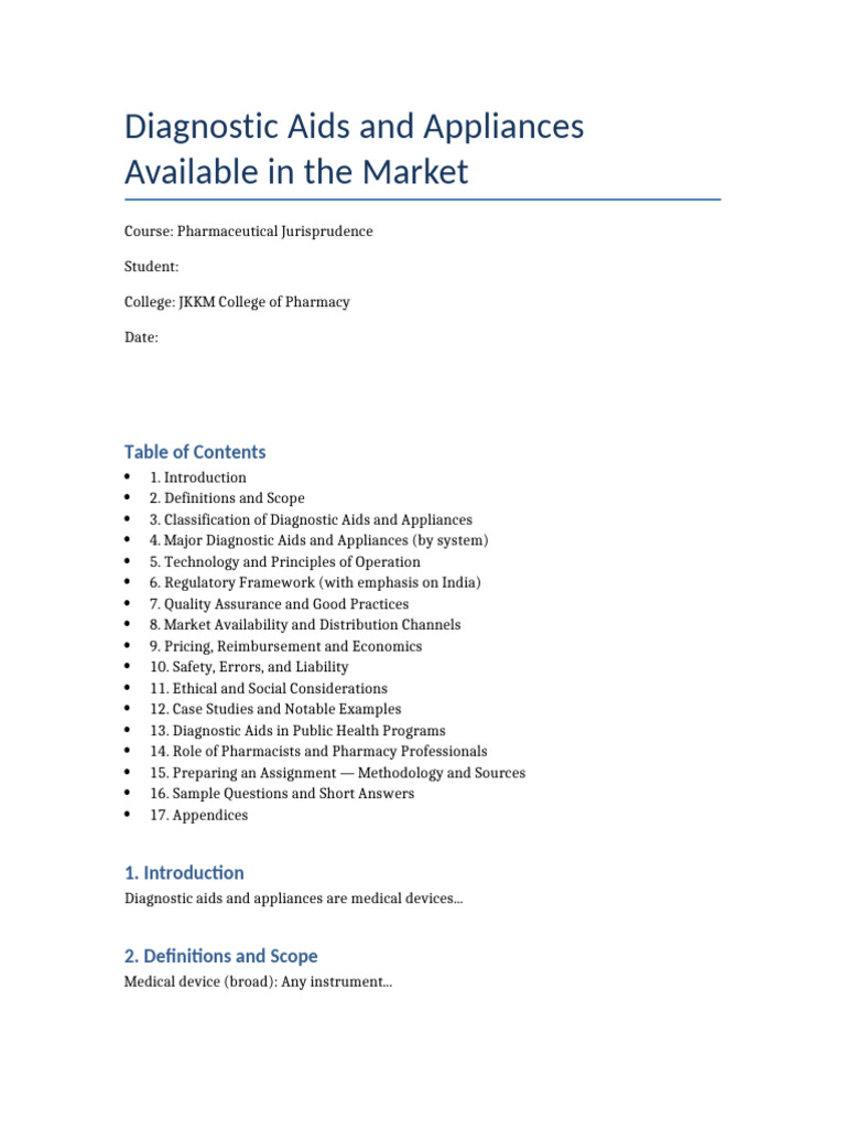 Diagnostic Aids and Appliances Assignment | PDF | Pharmacy | Medical Device