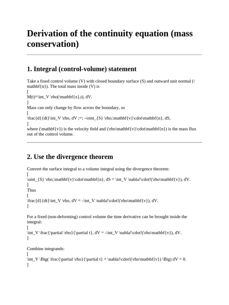 Derivation of The Continuity Equation | PDF | Fluid Dynamics | Classical Mechanics