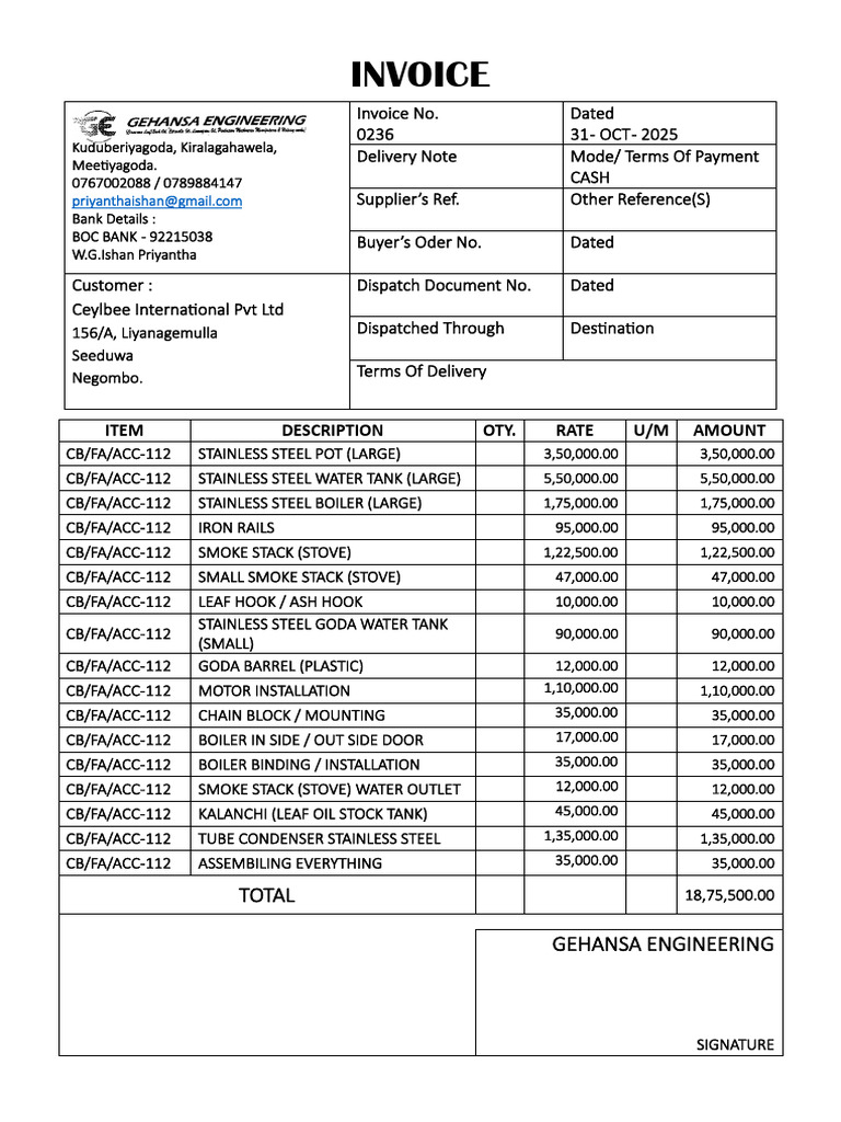 Invoice Gehansa Engineering | PDF