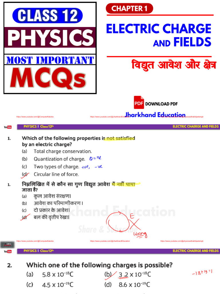 JAC Board Physics Class 12 01 Electric Charge and Field Most Important MCQs | PDF