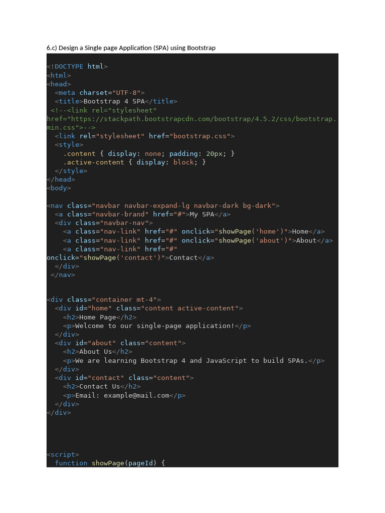6.c) Design A Single Page Application (SPA) Using Bootstrap: Doctype HTML Head Meta Title Title ...