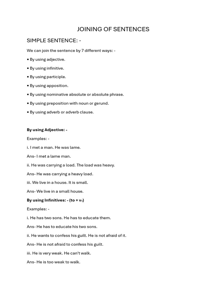 Joining Sentences Techniques Explained | PDF | Adverb | Adjective
