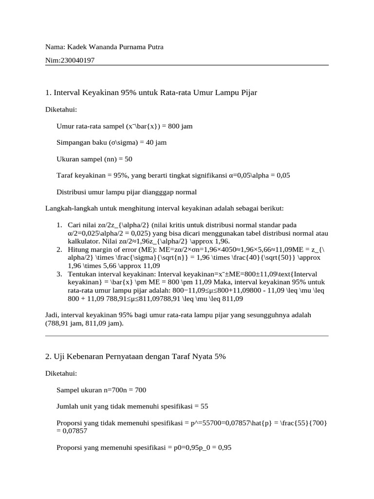 Interval Keyakinan & Uji Hipotesis Statistik | PDF