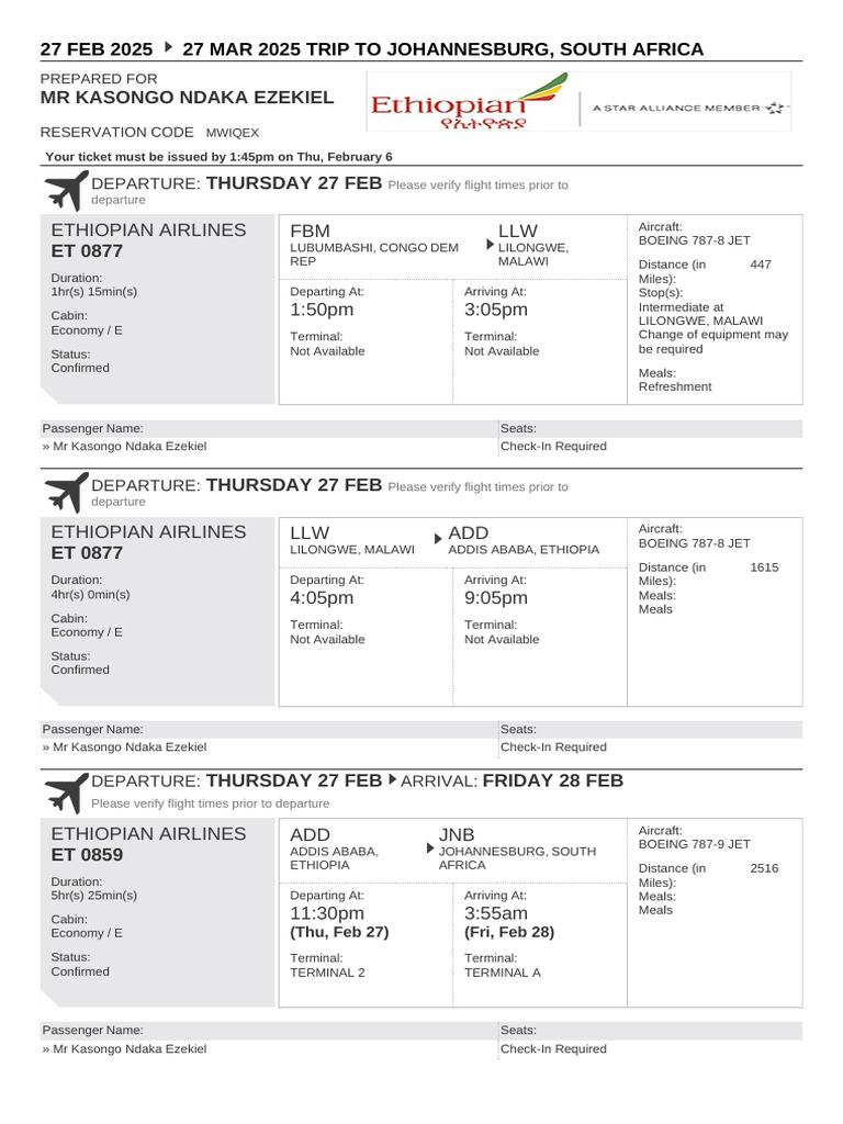 Travel Reservation February 27 For MR KASONGO NDAKA EZEKIEL | PDF | Jet Aircraft | Airlines
