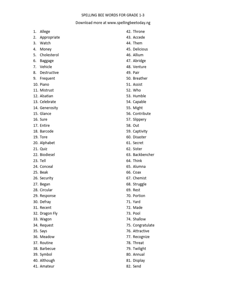 Spelling Bee Words for Grades 1-3 | PDF