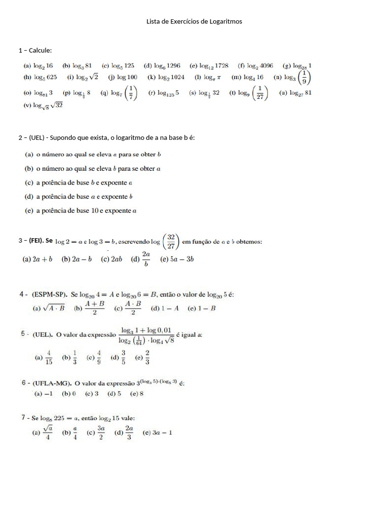 Lista de Exercícios de Logaritmos | PDF