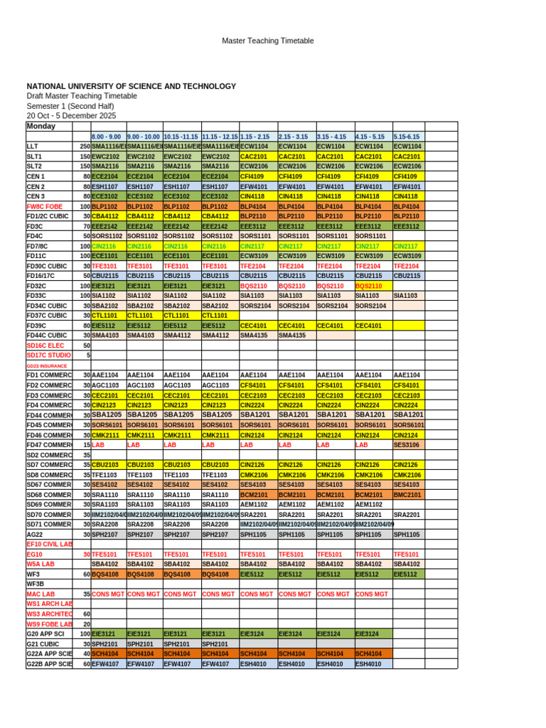 Master Teaching Timetable First Semester - Second Half - August Intake (20 Oct - 5 Dec 2025 ...