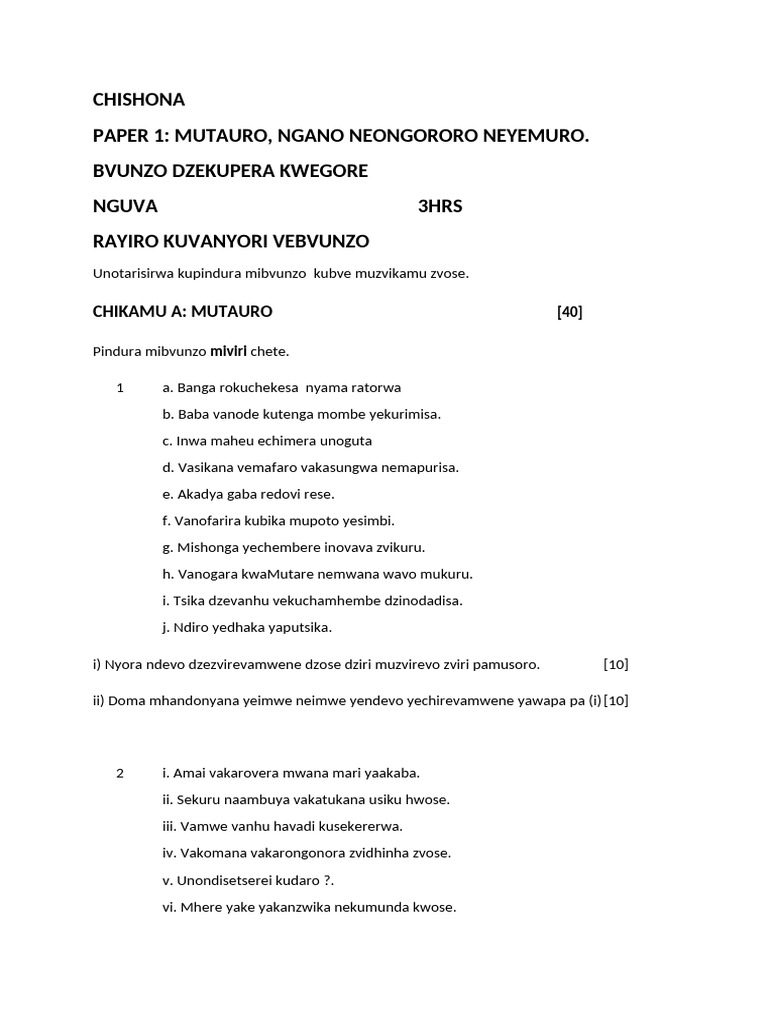Chishona Paper 1: Mutauro & Ngano Exam | PDF