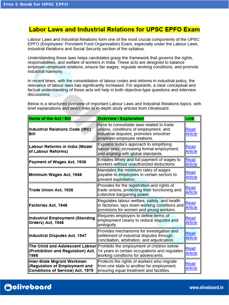 Labour Laws for UPSC EPFO Exam Guide | PDF | Employment | Labour Law