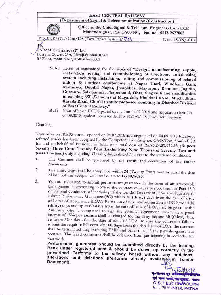 East Central Railway Electronic Interlocking System Contract | PDF