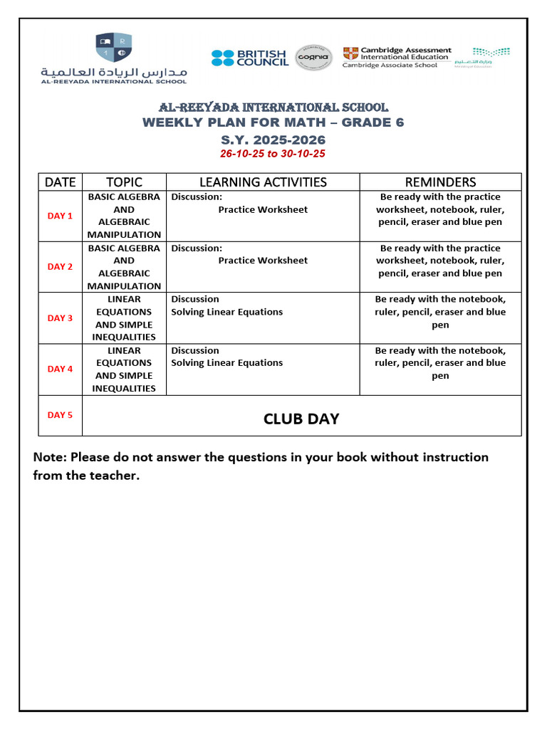 Date Topic Learning Activities Reminders: Club Day | PDF