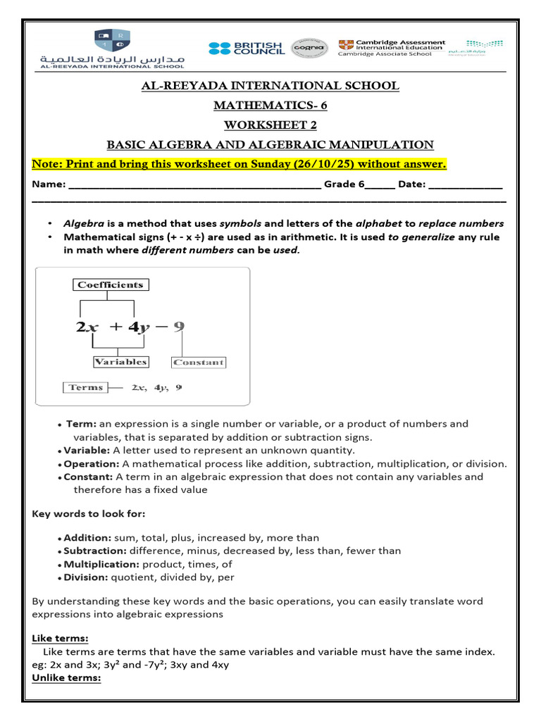 Al-Reeyada International School Mathematics-6 Worksheet 2 Basic Algebra ...