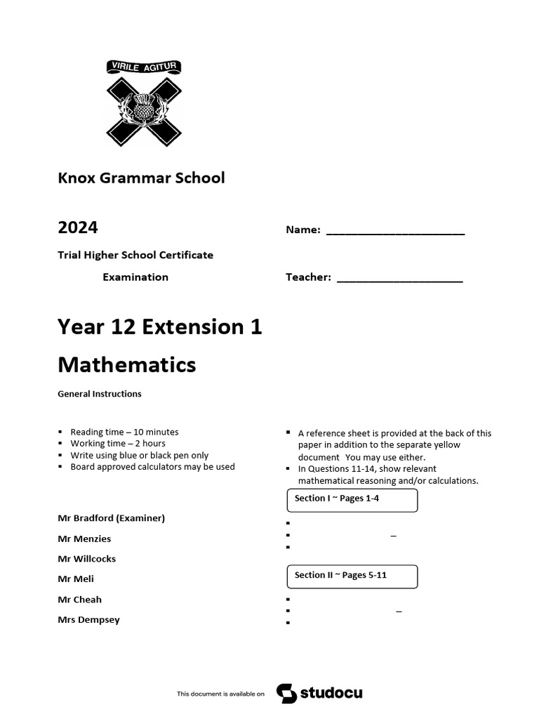 Knox Grammar 2024 HSC Math Trial Exam | PDF | Force | Variance