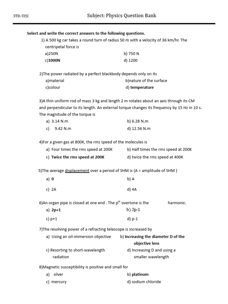 Syjc Physics Q. Bank Sem-1 | PDF | Waves | Diffraction