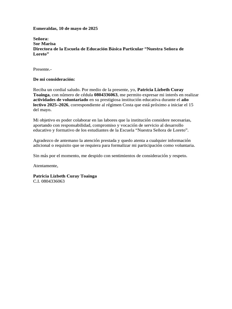 Esmeralda Ssolictu Voluntariado Curay | PDF