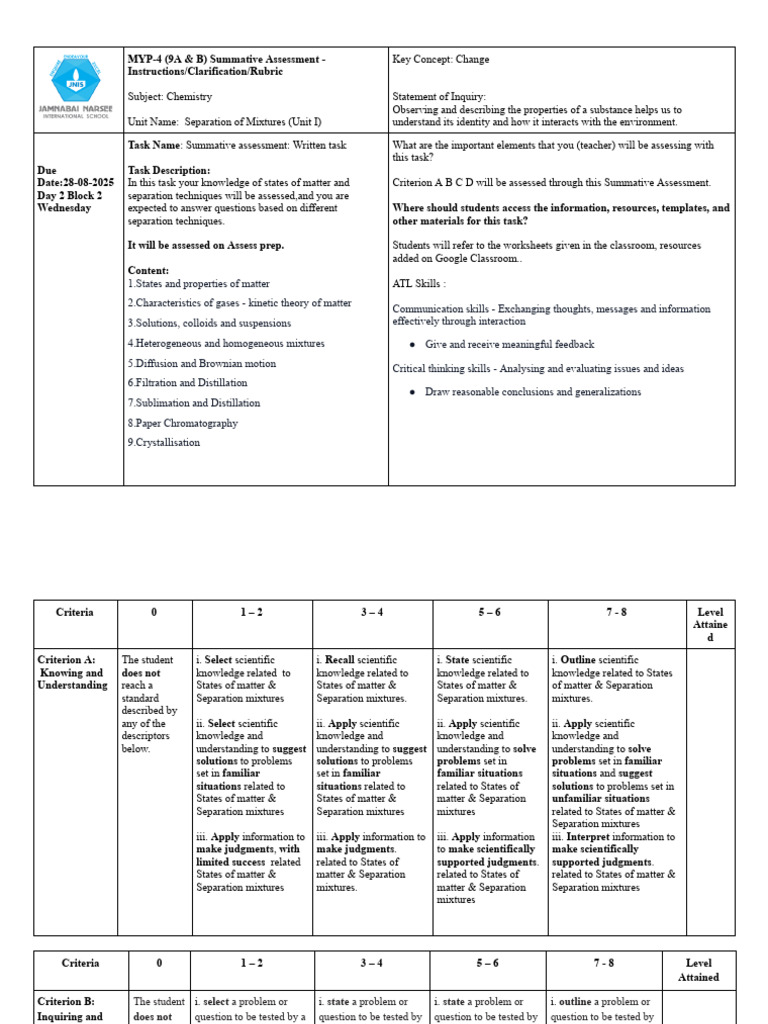 Grade 9 MYP 4 Task Sheet-Separation of Mixtures - 28st August 2025 ...