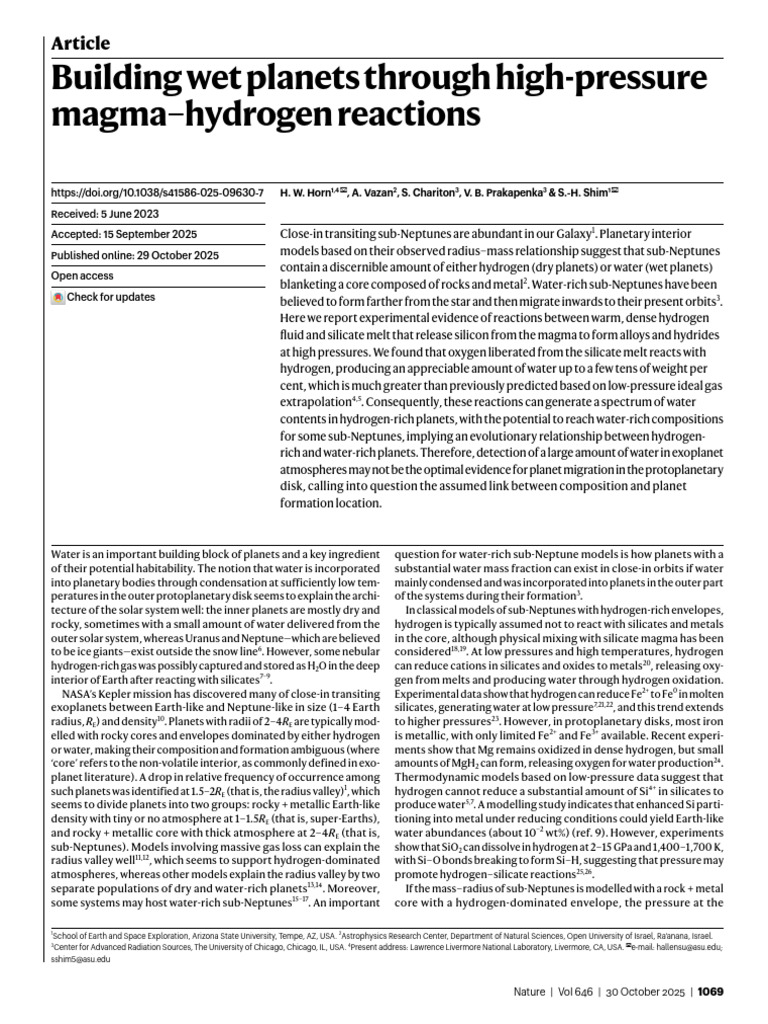 Building Wet Planets Through High-Pressure Magma-Hydrogen Reactions ...