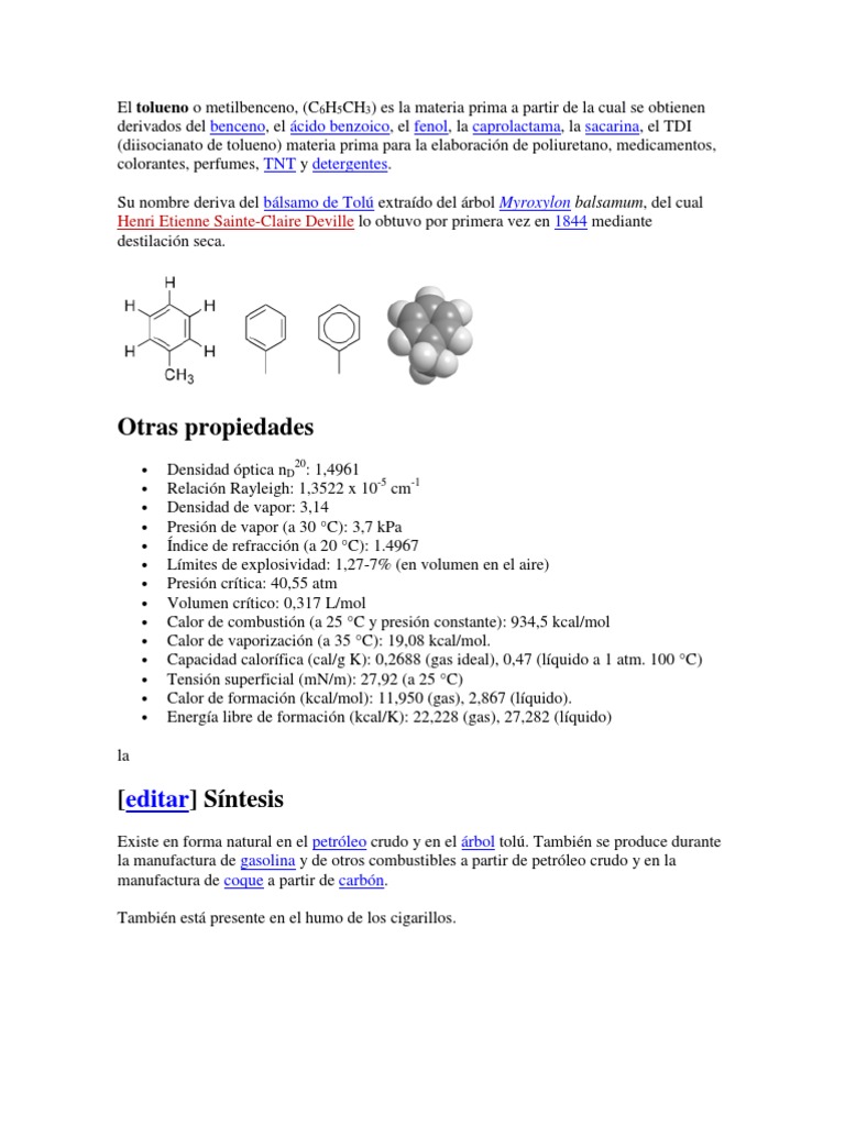 El Tolueno o Metilbenceno | PDF | Tolueno | Sustancias químicas
