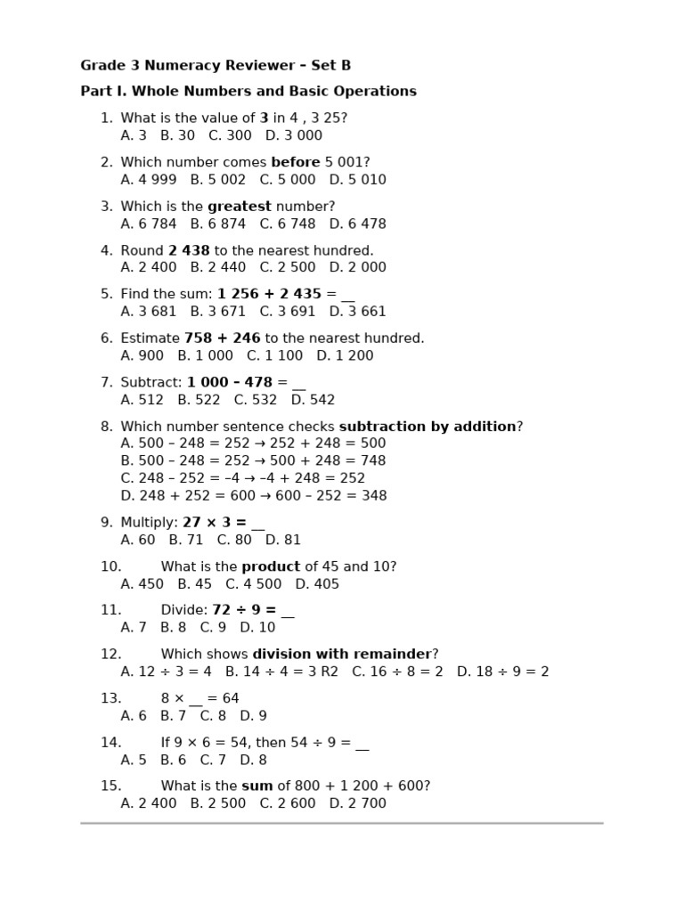Grade 3 Math Review: Whole Numbers & More | PDF