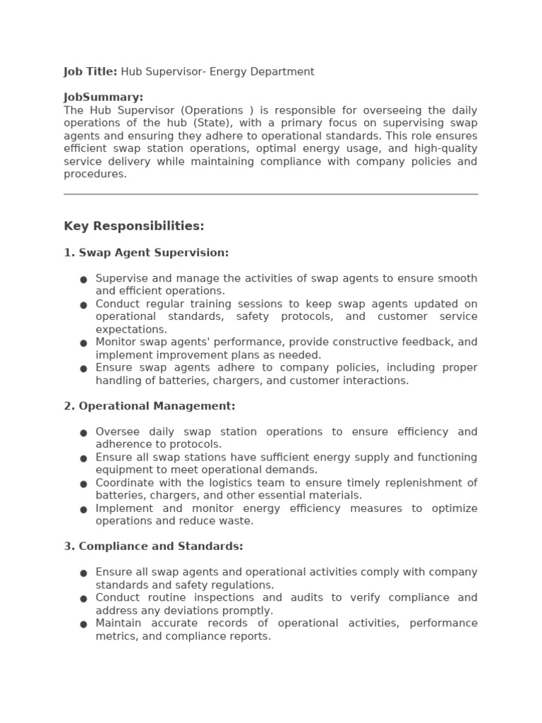 Hub Supervisor - Energy Department | PDF | Regulatory Compliance | Business