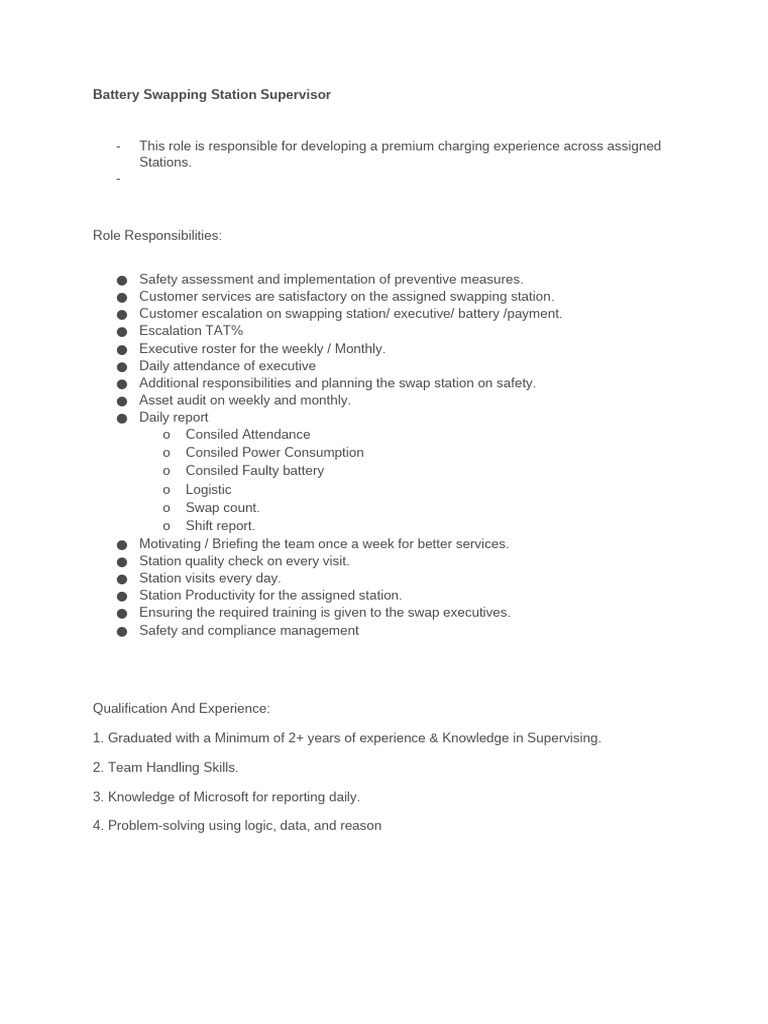 Battery Swapping Supervisor and Executive - JD | PDF