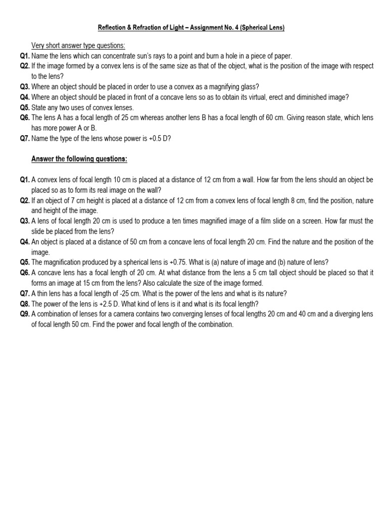 Assignment No. 4 - Lens Formula and Power of The Lens 2 | PDF