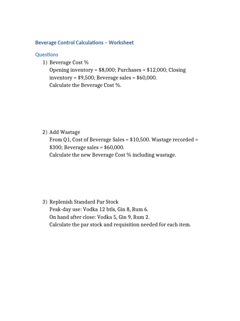 Beverage Control Calculations Worksheet | PDF