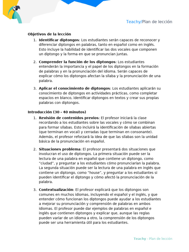 Lección sobre Diptongos en Español e Inglés | PDF | Lengua española ...