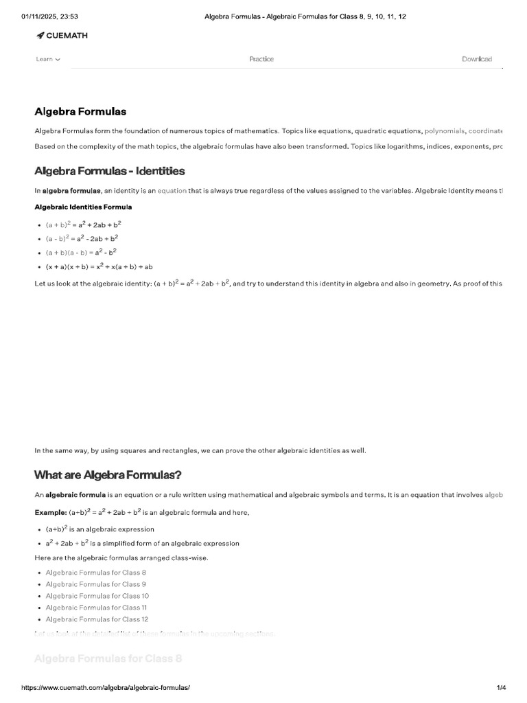 Algebra Formulas - Algebraic Formulas For Class 8, 9, 10, 11, 12 | PDF