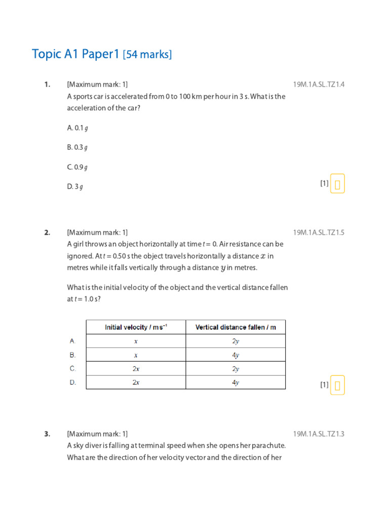 Topic A1 Paper 1 HL QP | PDF | Acceleration | Velocity