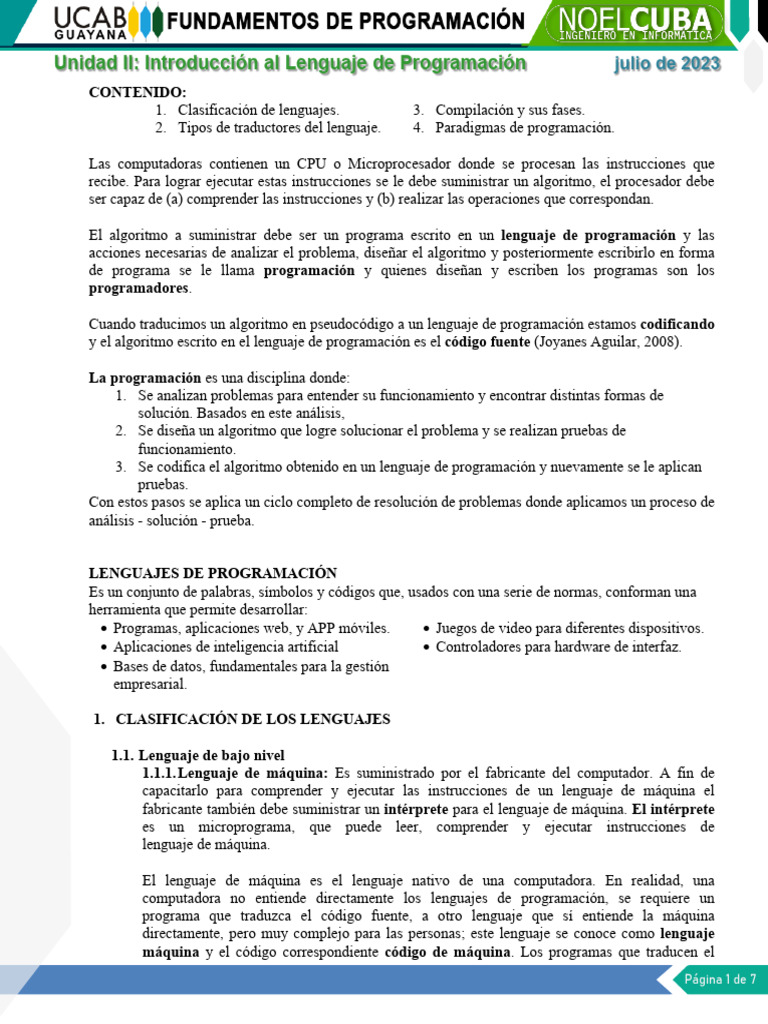 Unidad II - Introducción Al Lenguaje de Programación. 2 | PDF | Programación de computadoras ...