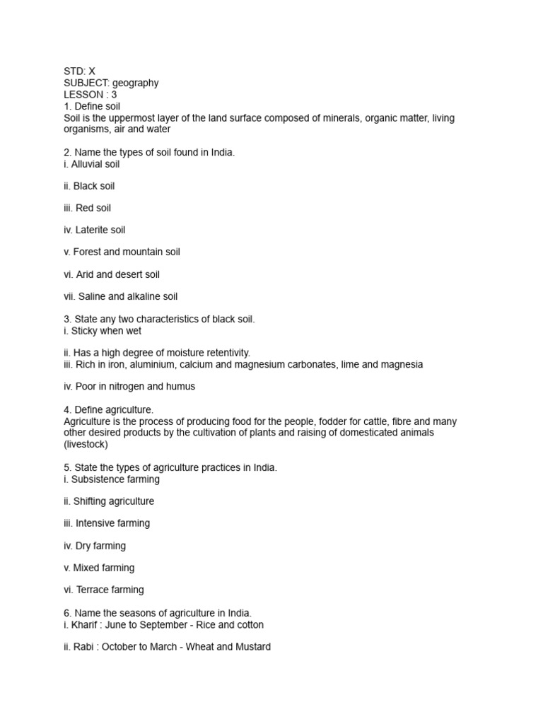 STD 10 Geography Lesson 3 Book Back Answers | PDF | Soil | Agriculture