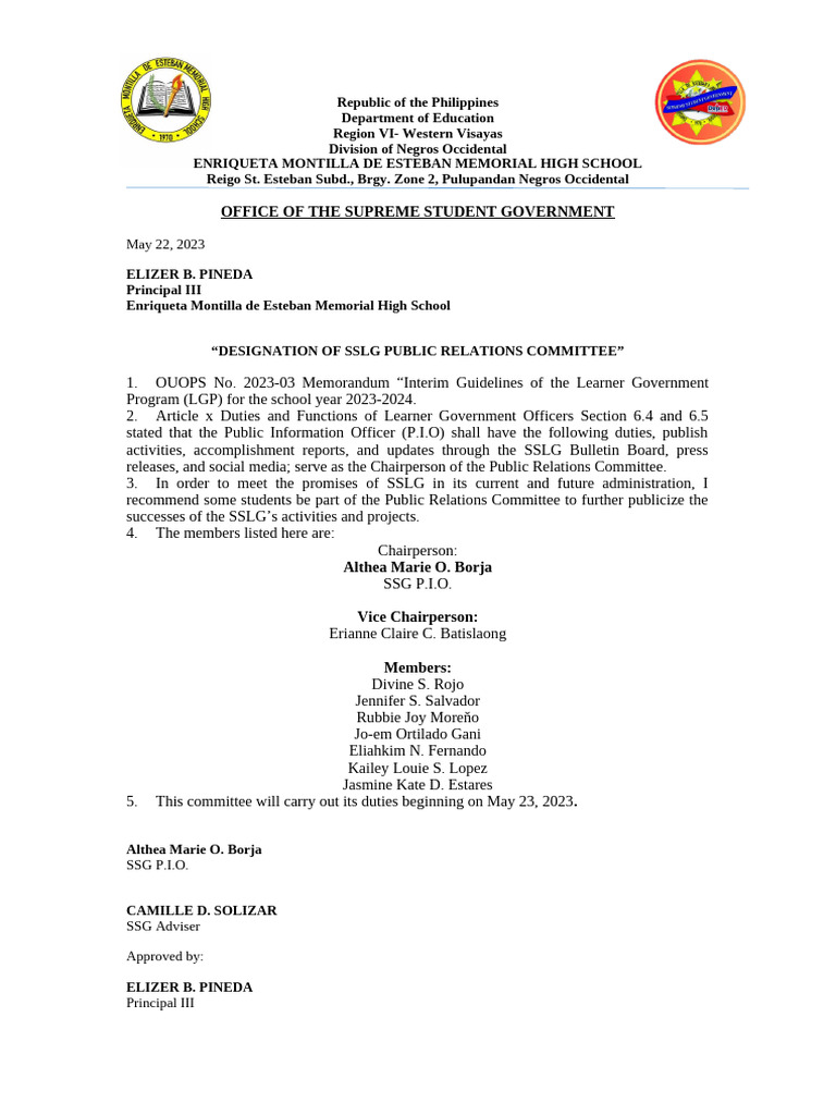 Disegnation Letter For Public Relations Committee | PDF