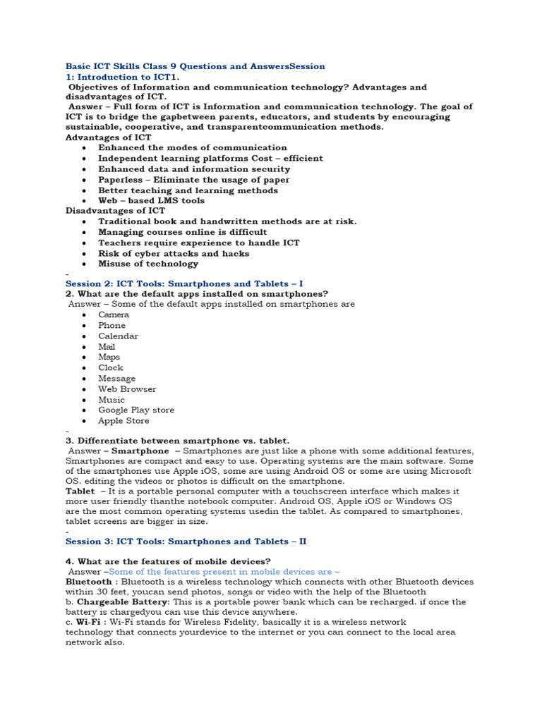 1733812760228.basic ICT Skills Class 9 Questions and AnswersSession | PDF | Smartphone | Random ...