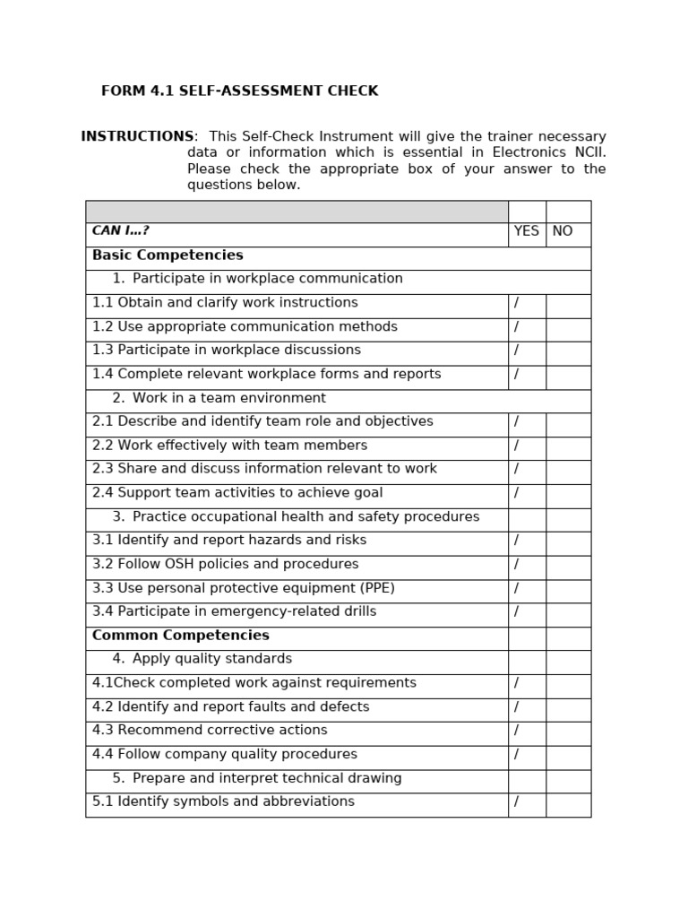 Form 4.1 - Self Assessment Check | PDF | Technical Drawing ...