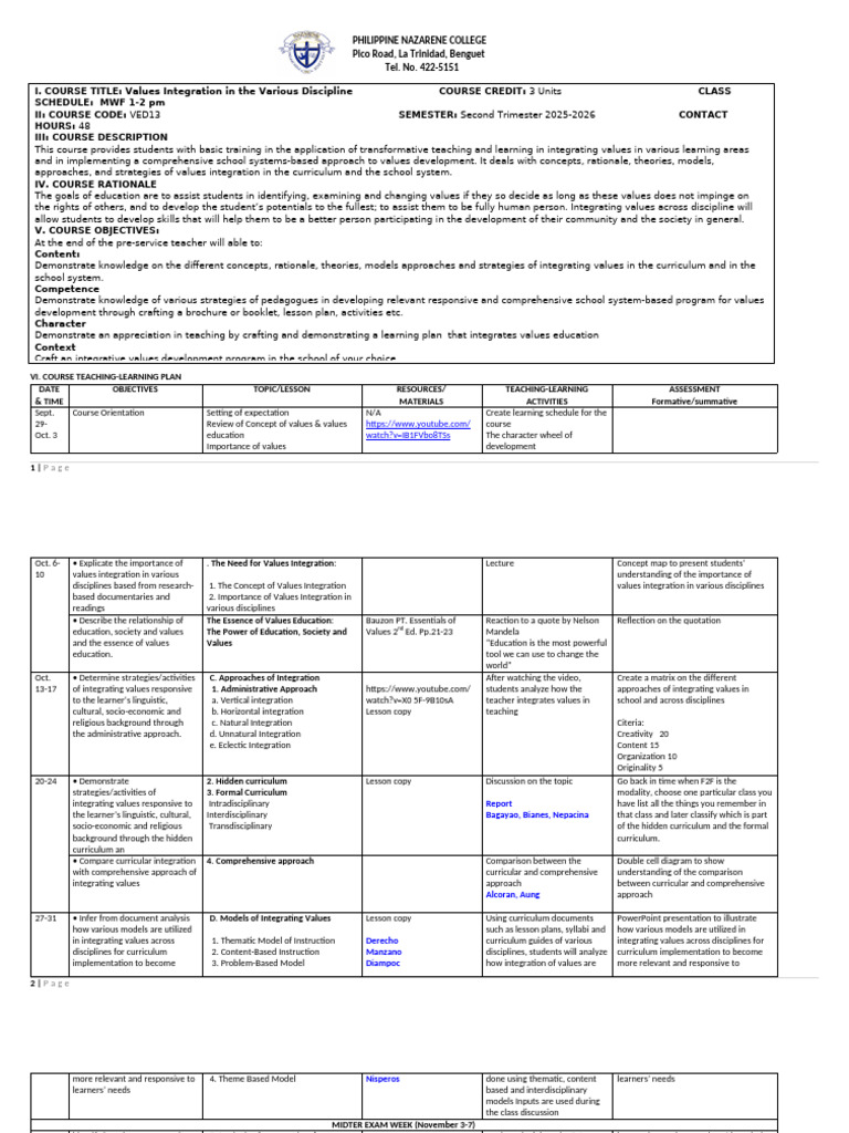Values Integration F2F | PDF | Curriculum | Learning
