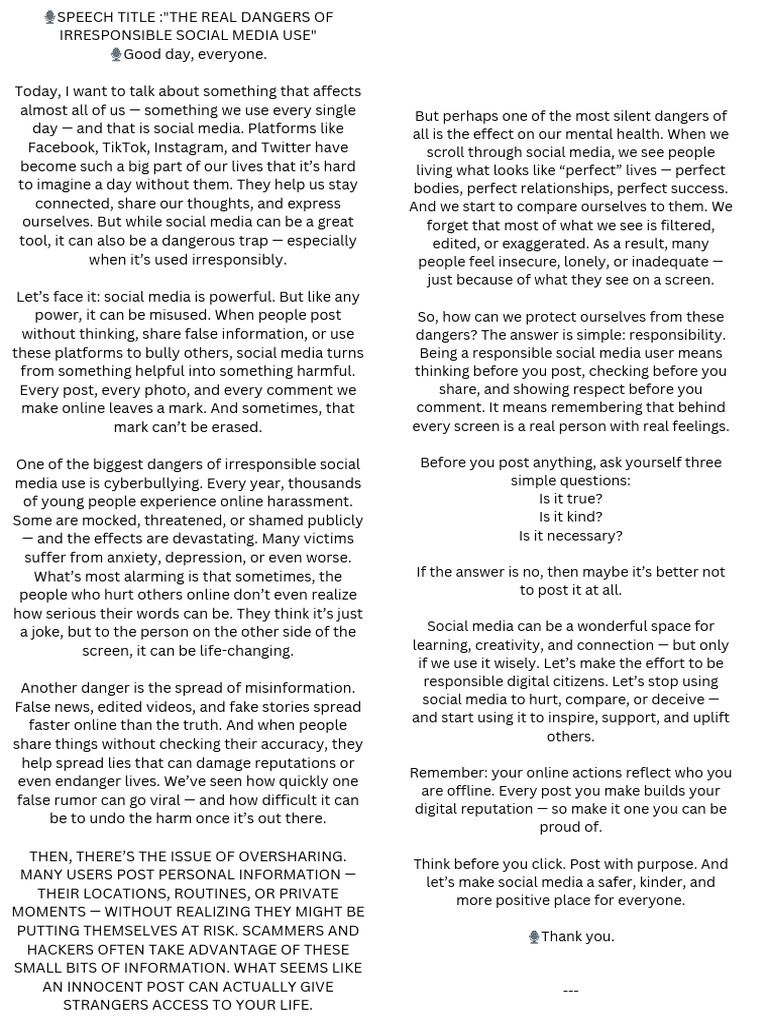 Dangers of Irresponsible Social Media | PDF | Cyberbullying | Human ...