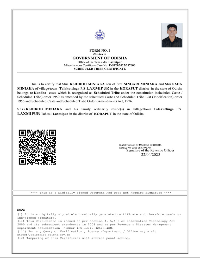 Schedule Tribe Certificate | PDF