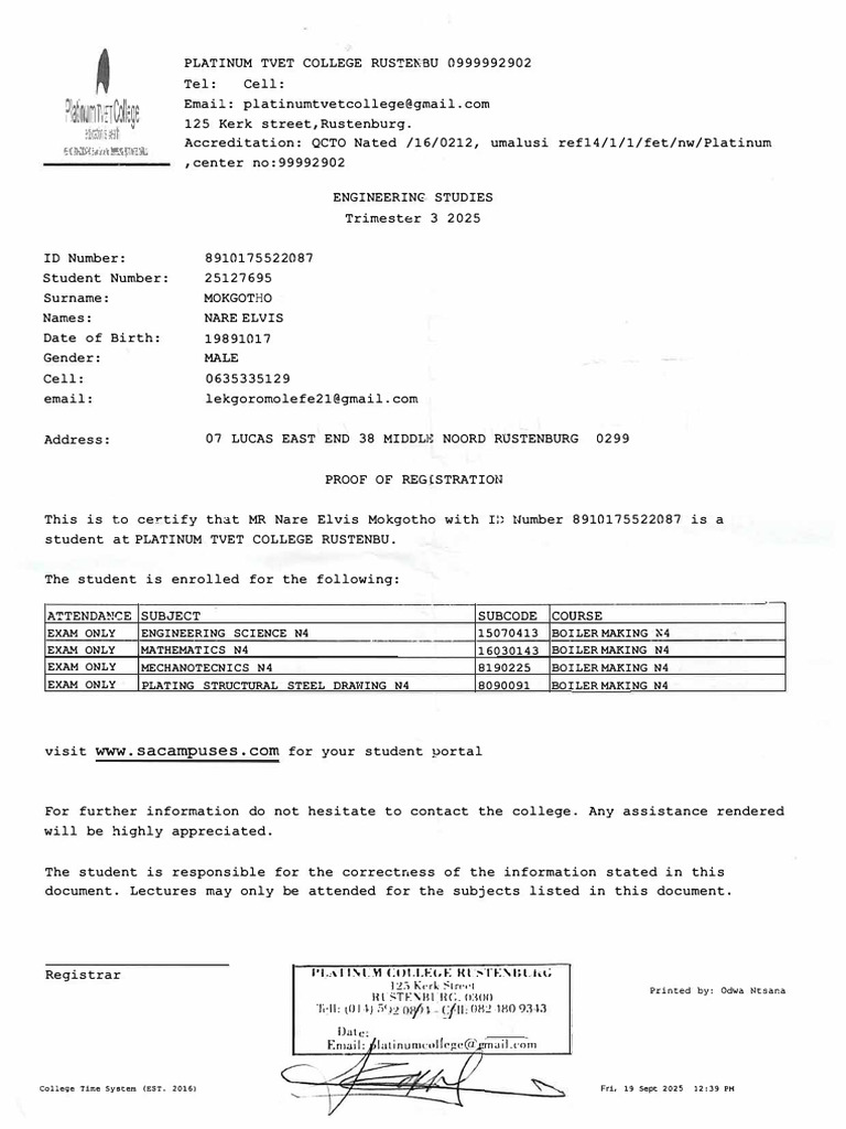 Platinum TVET College Registration Proof | PDF