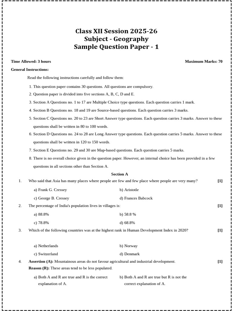 Class XII Geography Sample Paper 2025-26 | PDF | Plantation | Agriculture