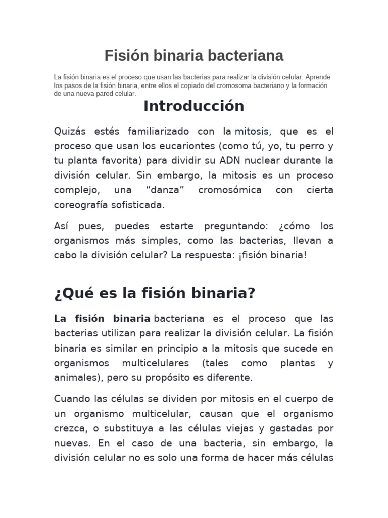 Fisión binaria en bacterias: proceso y pasos | PDF | Mitosis ...