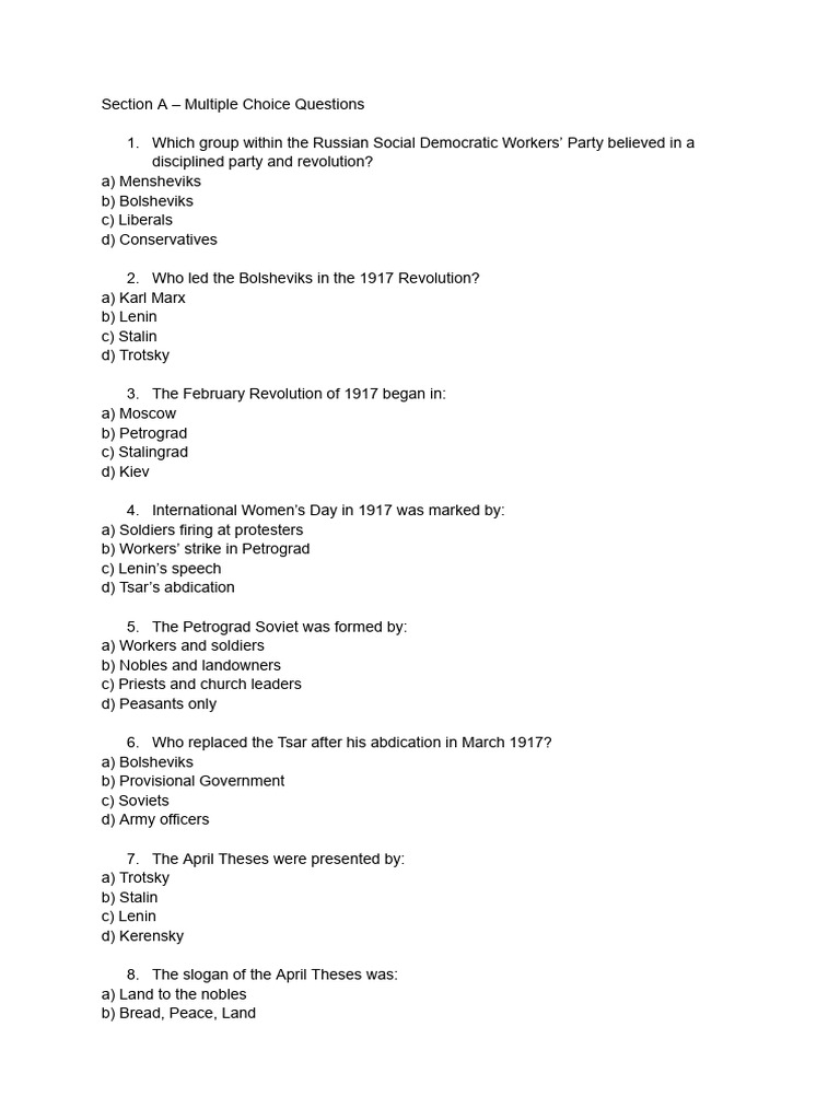 Russian Revolution Quiz Questions | PDF | Vladimir Lenin | Joseph Stalin
